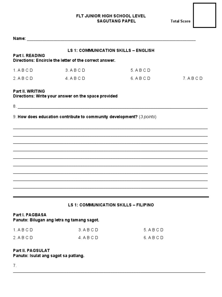 JHS FLT Answer Sheet | PDF | Teaching | Education Theory