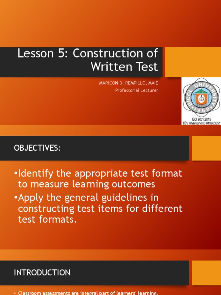 Lesson 5 - Construction of Written Test | PDF | Educational Assessment ...