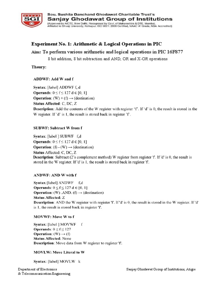 Experiment No. 1: Arithmetic & Logical Operations in PIC: To Perform ...