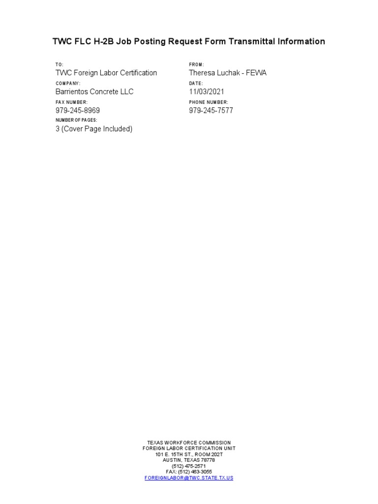 TWC FLC H-2B Job Posting Request Form Transmittal Information | PDF ...