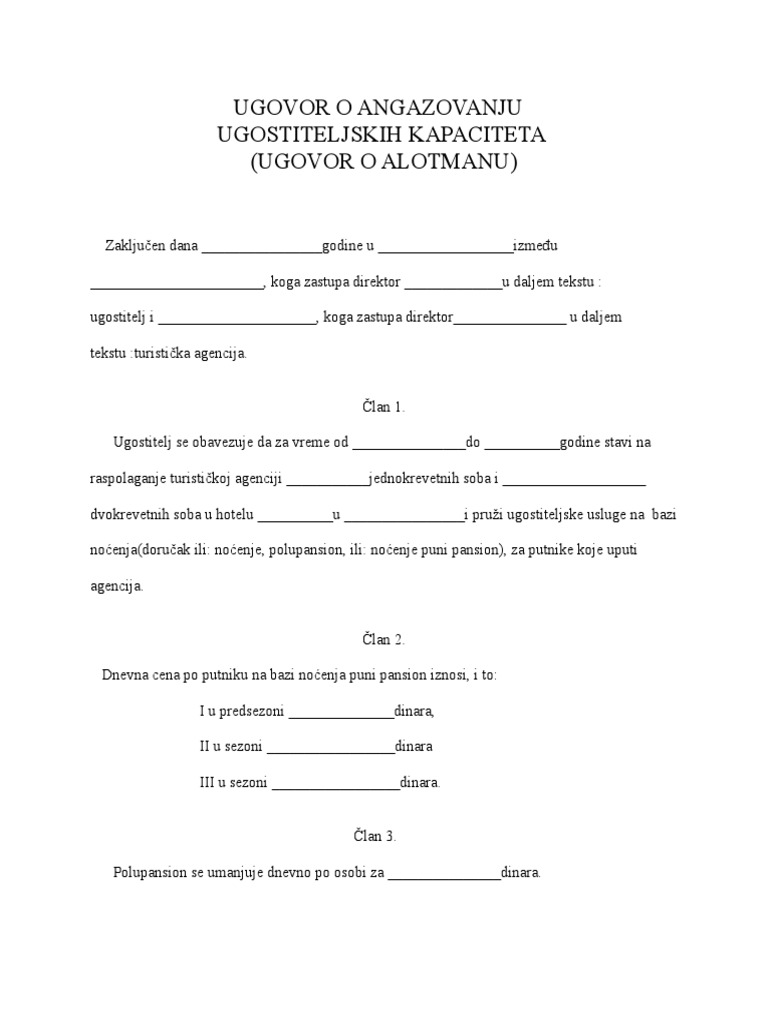 Ugovor o Angazovanju Ugostiteljskih Kapaciteta | PDF
