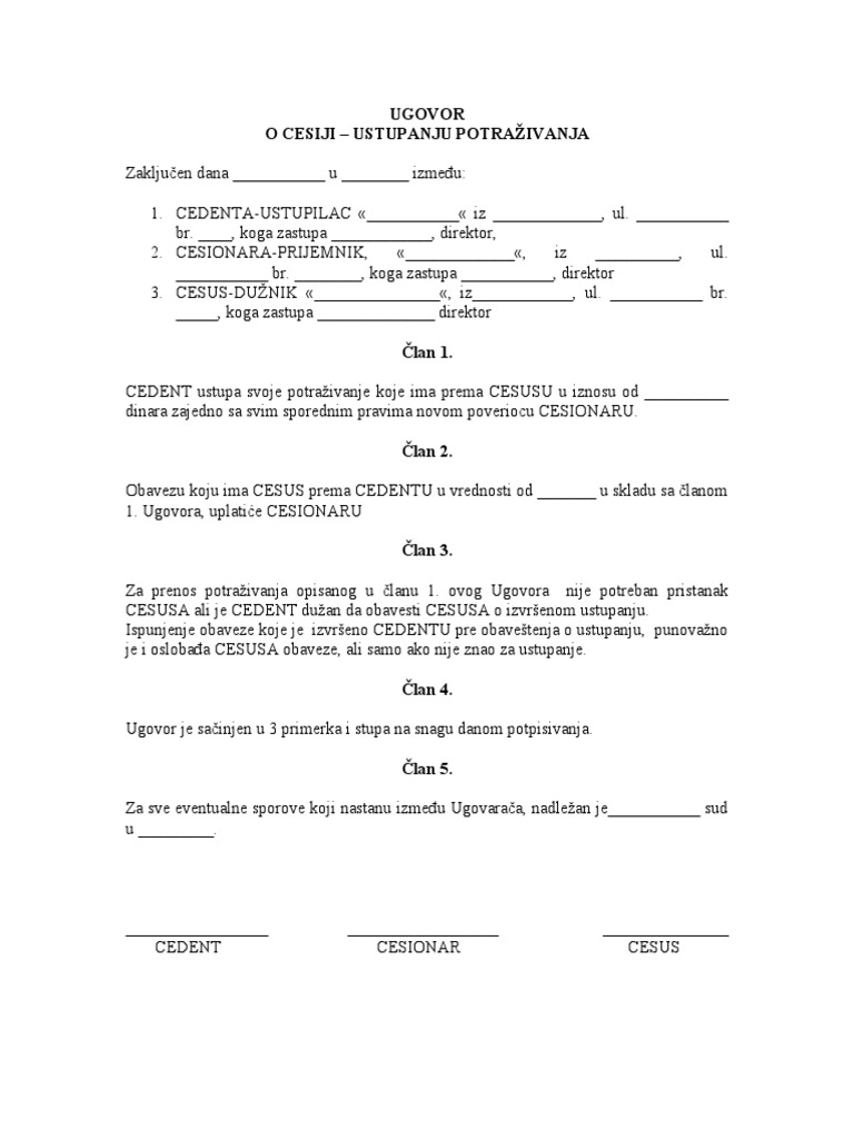 Ugovor o Cesiji - Ustupanju Potrazivanja | PDF