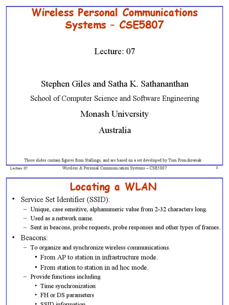 Wireless Personal Communications Systems - CSE5807: School of Computer Science and Software ...