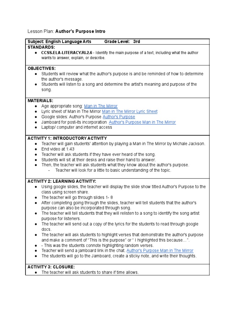 Lesson Plan: Author's Purpose Intro: Subject: English Language Arts ...