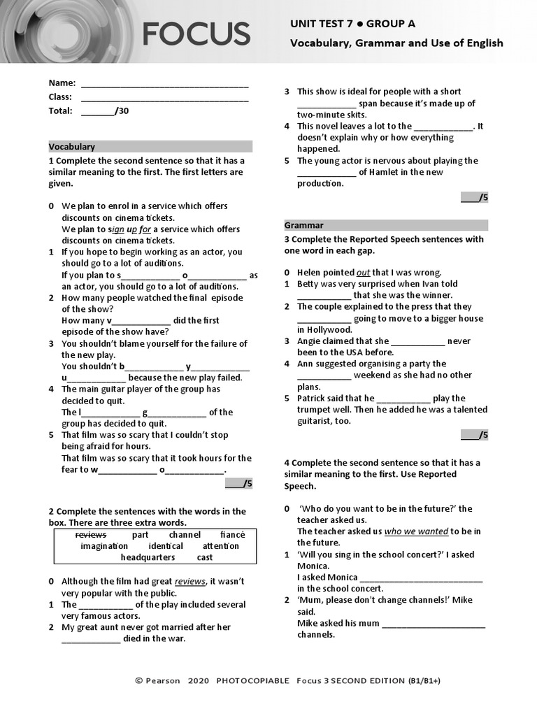 Unit Test 7 Group A Vocabulary, Grammar and Use of English | PDF