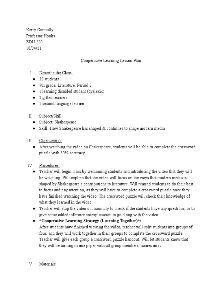Edu 220 Cooperative Learning Lesson Plan | PDF | Lesson Plan | Teachers