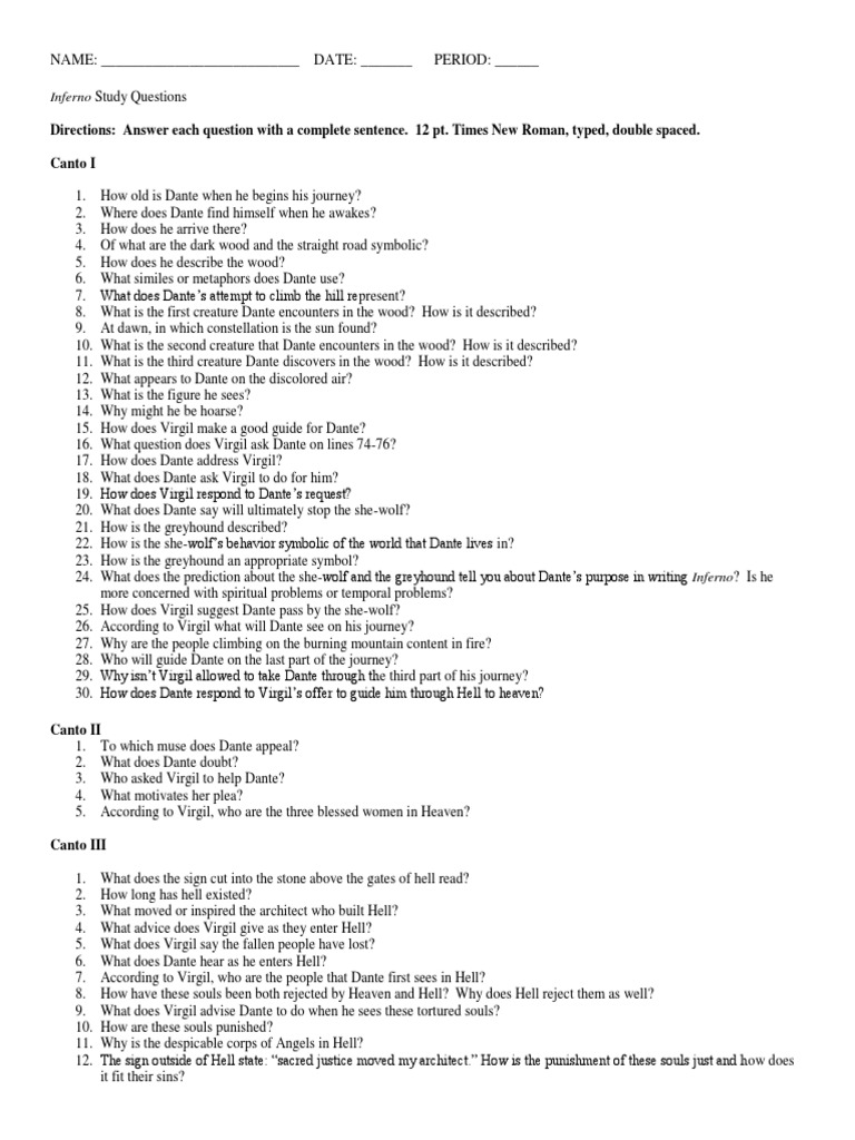 Inferno Study Guide Questions | PDF | Hell | Inferno (Dante)