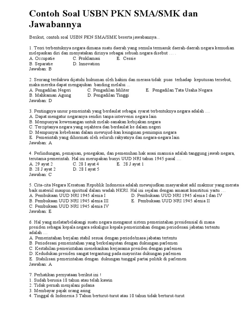 Contoh Soal Usbn PKN Sma | PDF