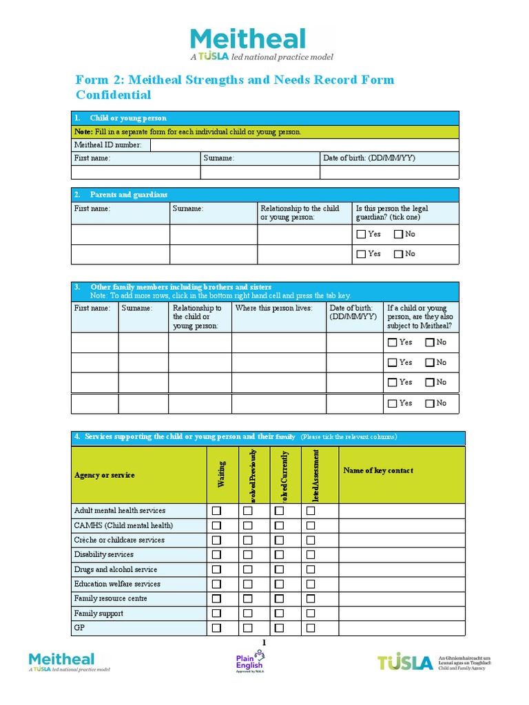 Form 2: Meitheal Strengths and Needs Record Form Confidential | PDF ...