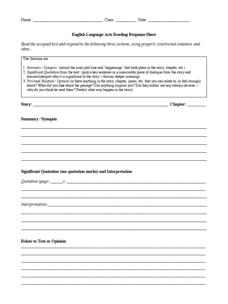 English Language Arts Reading Response Sheet | PDF | Writing