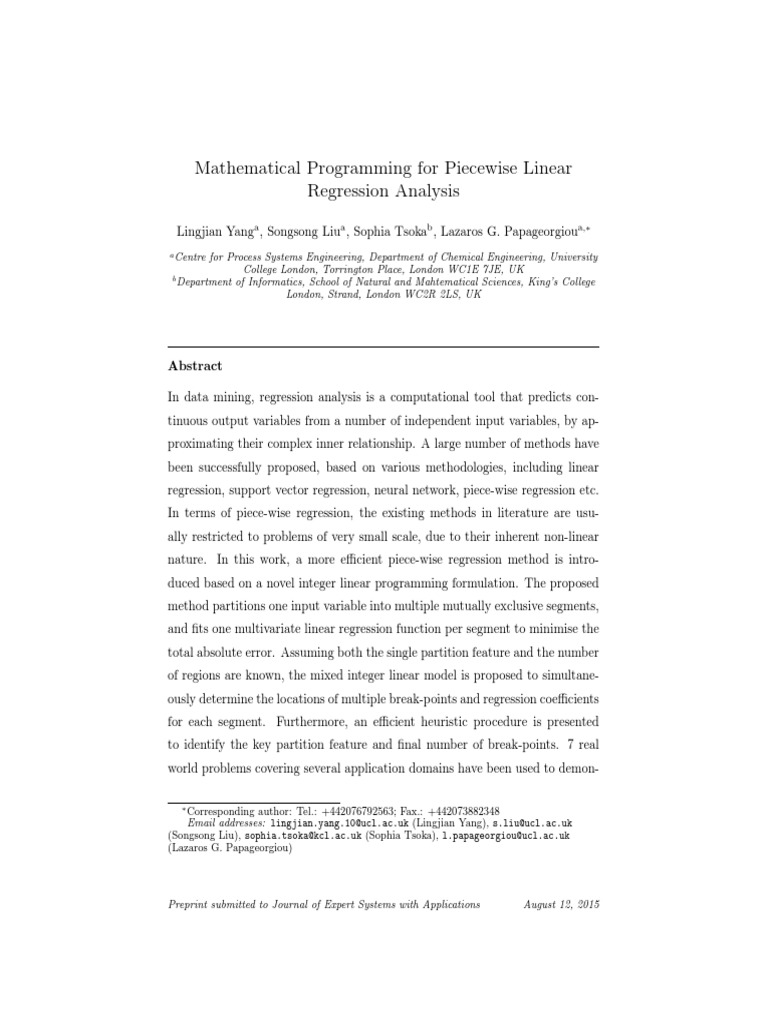 Mathematical Programming For Piecewise Linear Regression Analysis | PDF | Regression Analysis ...