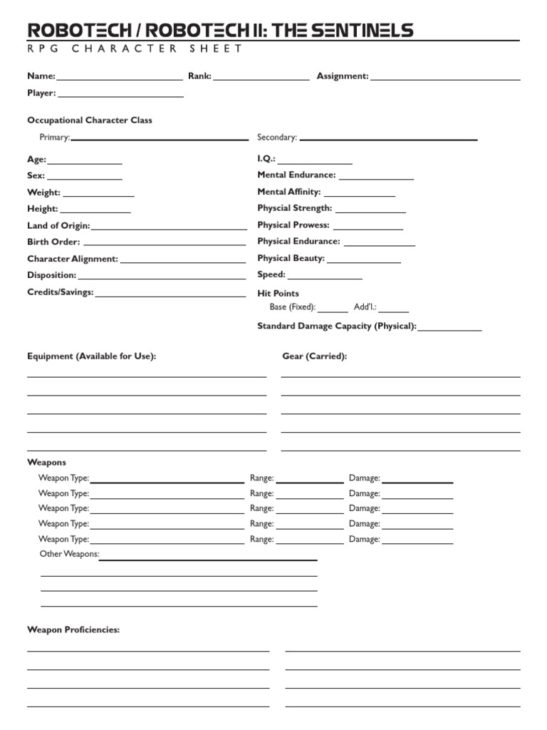 Character Sheet: Occupational Profile for a Robotech Role-Playing Game ...