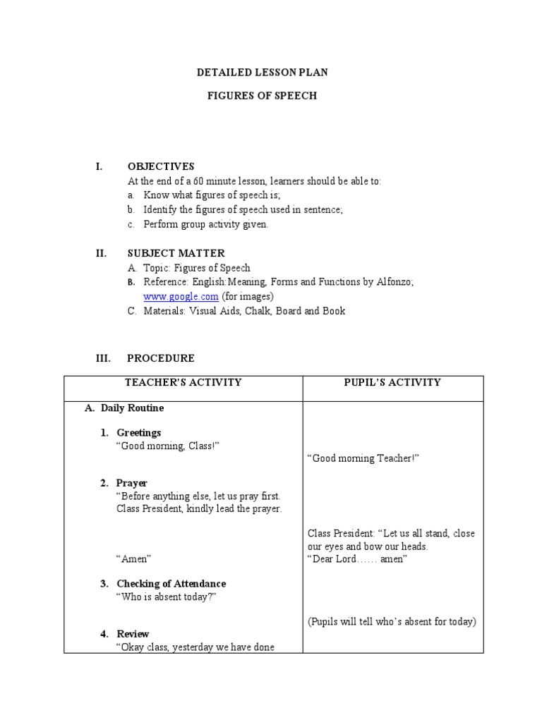 Detailed Lesson Plan Figures of Speech | PDF | Metaphor | Prayer