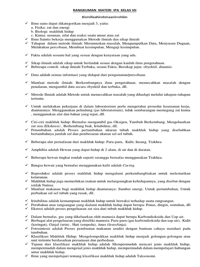 Rangkuman Materi Remedial IPA Kelas 7 | PDF