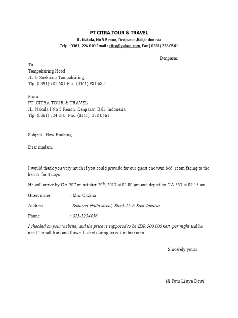 Contoh Surat Reservasi | PDF