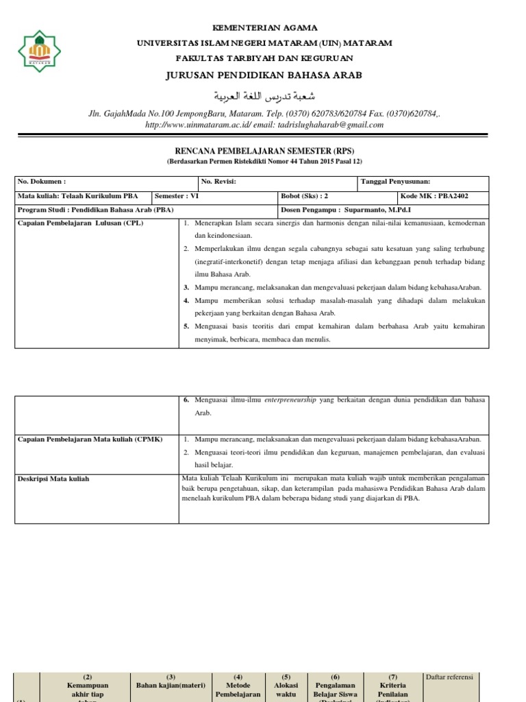 RPS Telaah Kurikulum PBA | PDF