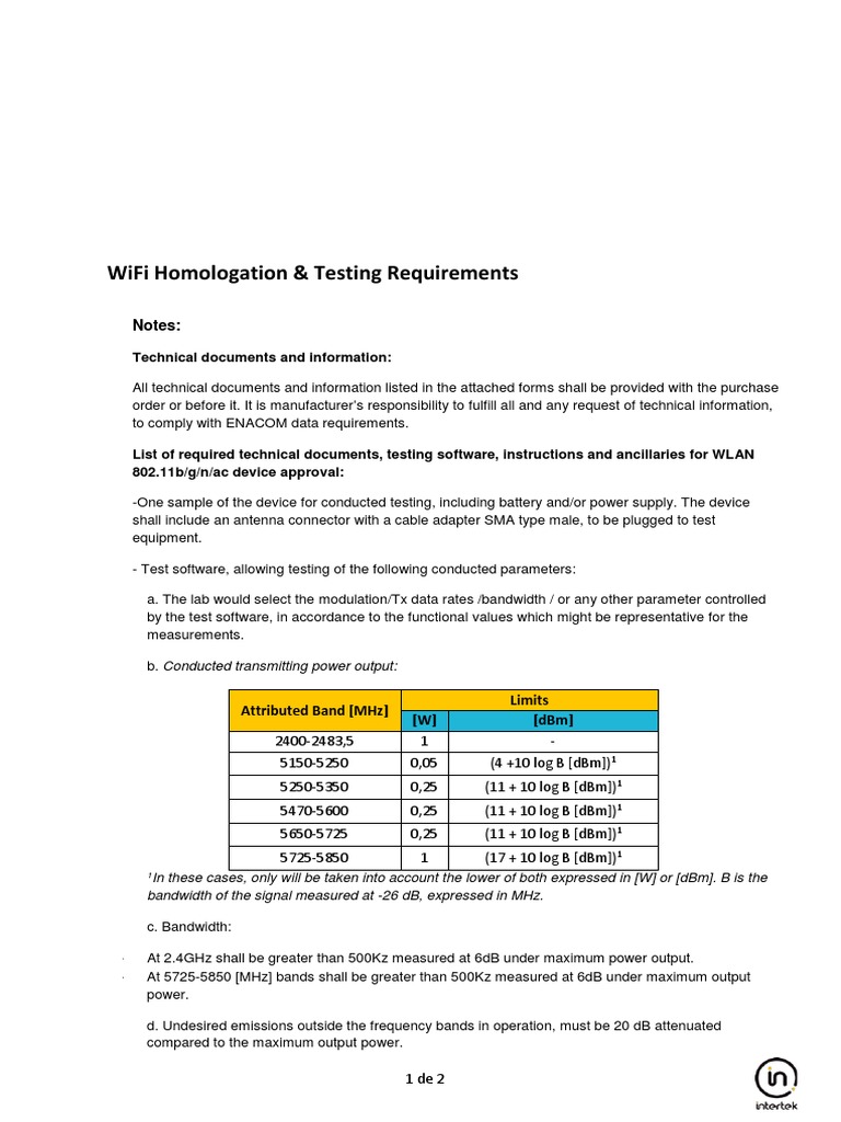 Wifi Homologation Testing Requirements Notes Pdf Bandwidth