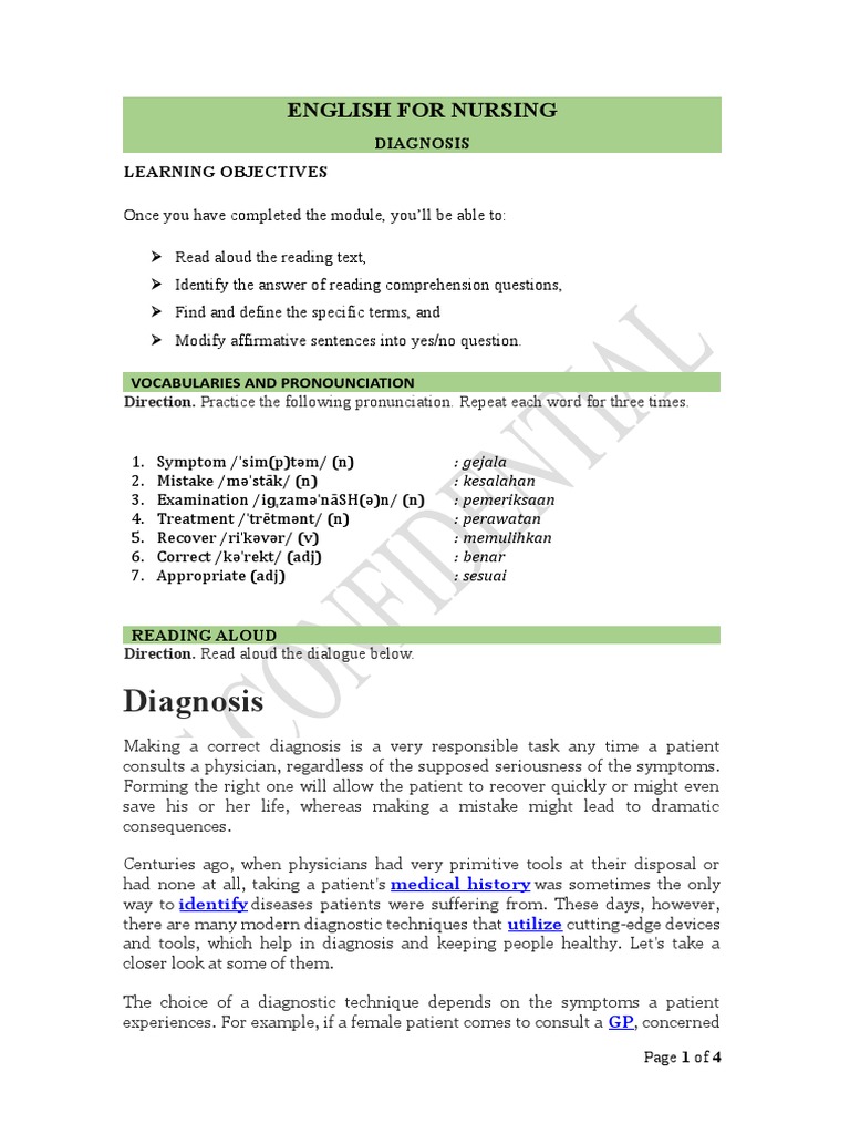 Students Worksheet 4 English For Nursing - Diagnosis | PDF | Medical ...