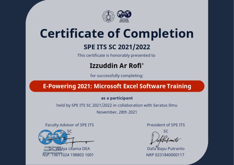 Certificate of Completion: SPE ITS SC 2021/2022 | PDF