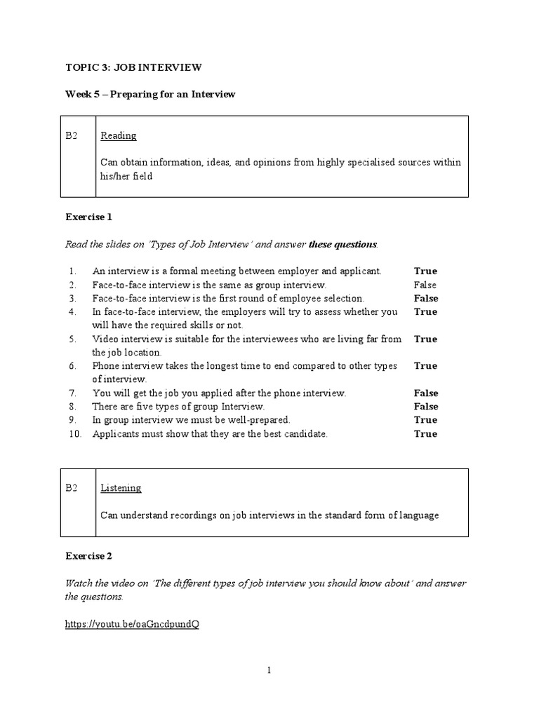 Topic 3: Job Interview Week 5 - Preparing For An Interview | PDF