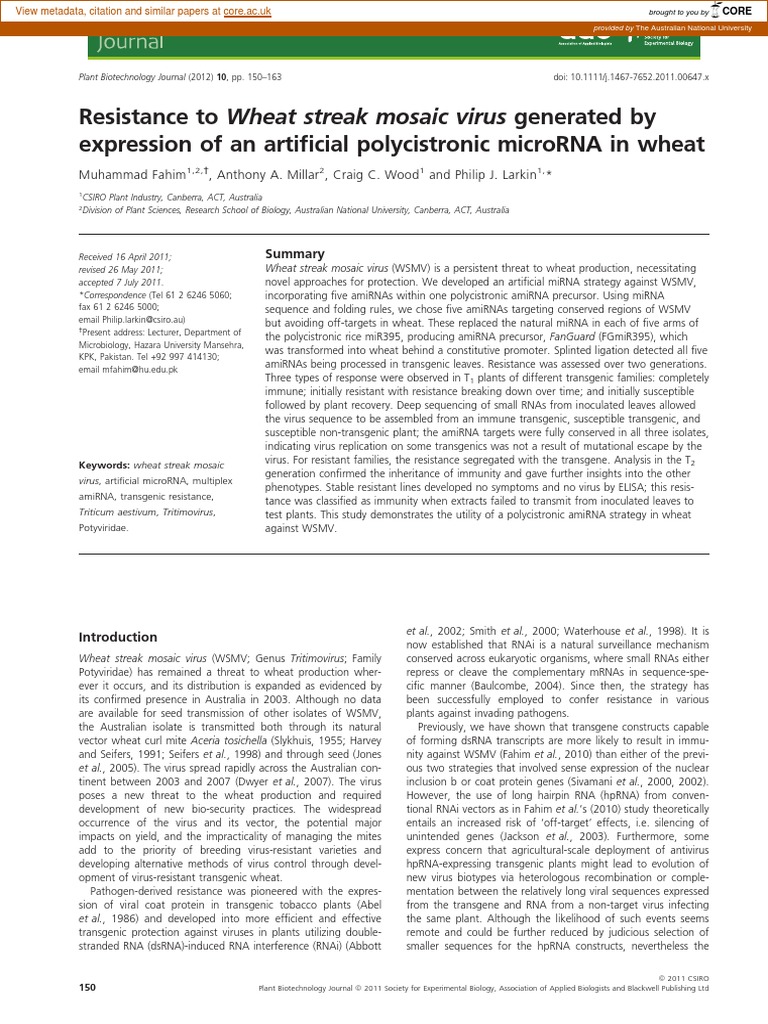 Resistance To Wheat Streak Mosaic Virus Generated by Expression of An Artificial Polycistronic ...