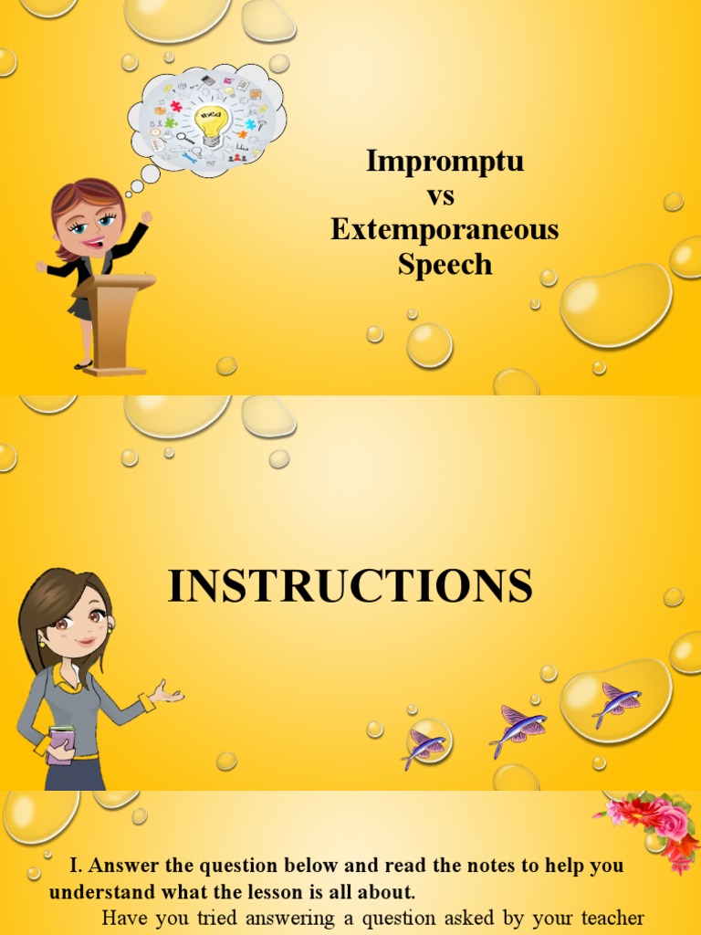 Impromptu Vs Extemporaneous Speech | PDF | Public Speaking | Question