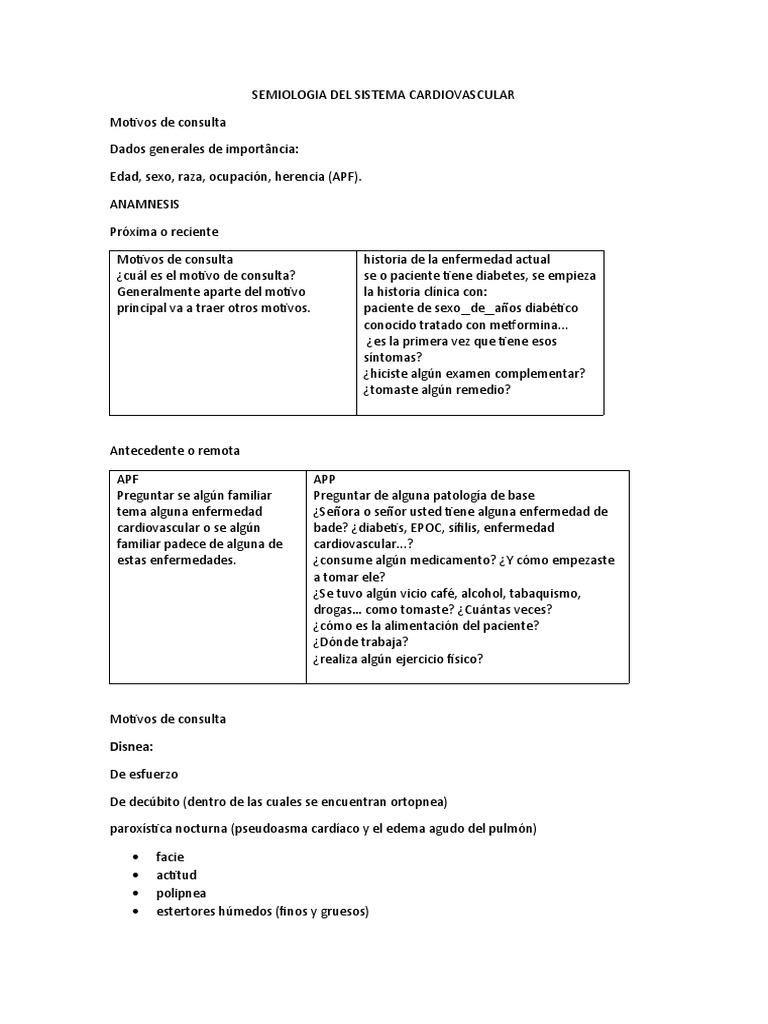 Resumo Motivos de Consulta Semio Cardiovascular | PDF | Corazón | Insuficiencia cardíaca