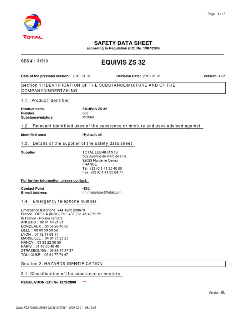 Equivis Zs 32: Safety Data Sheet | PDF | Combustion | Personal ...