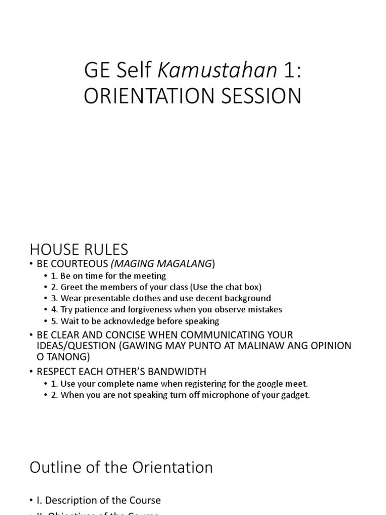 GE Self Kamustahan 1 Class Orientation | PDF | Learning | Critical Thinking