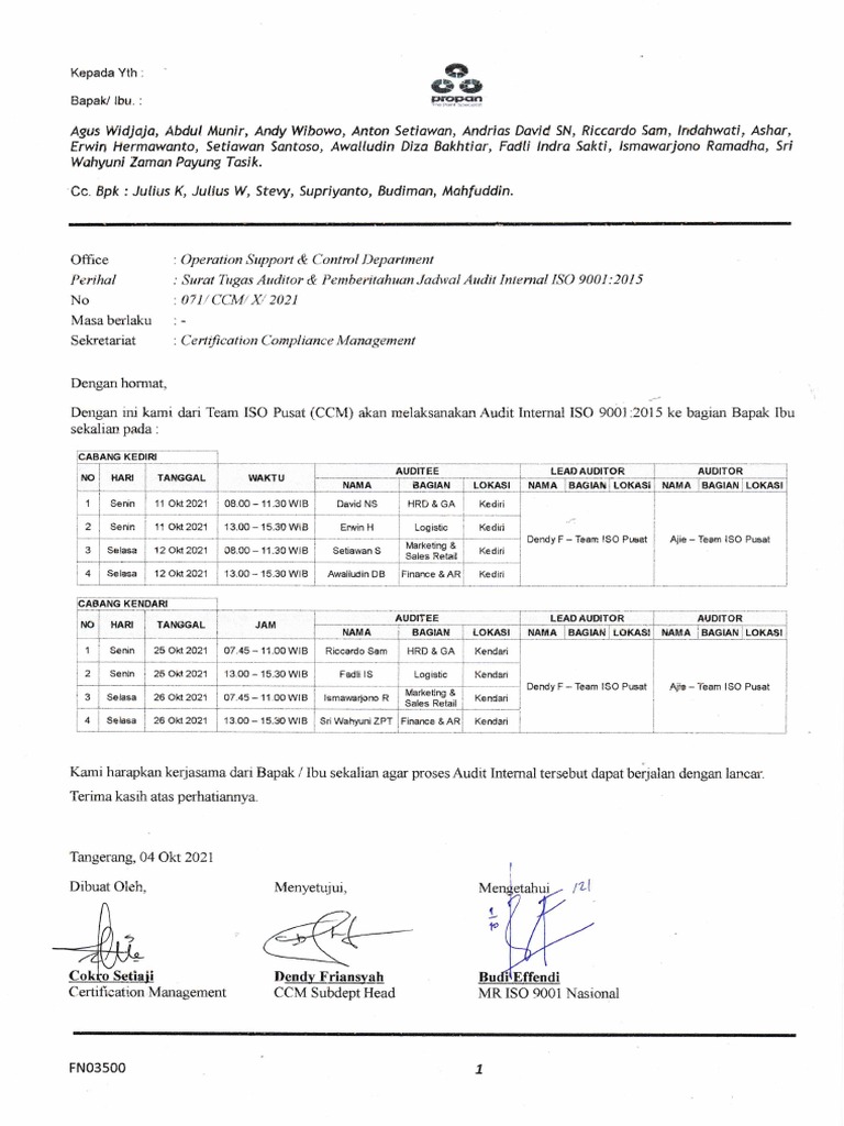 071-CCM-X-21 Surat Tugas & Pemberitahuan Jadwal Audit Internal ISO 9001 ...