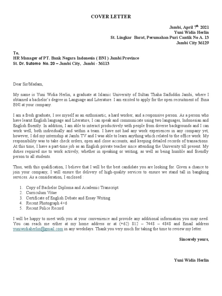 Cover Letter BNI | PDF | Internship | Job Hunting