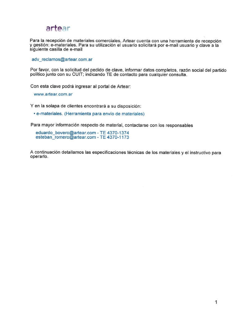 Especificaciones Tecnicas Artear | PDF