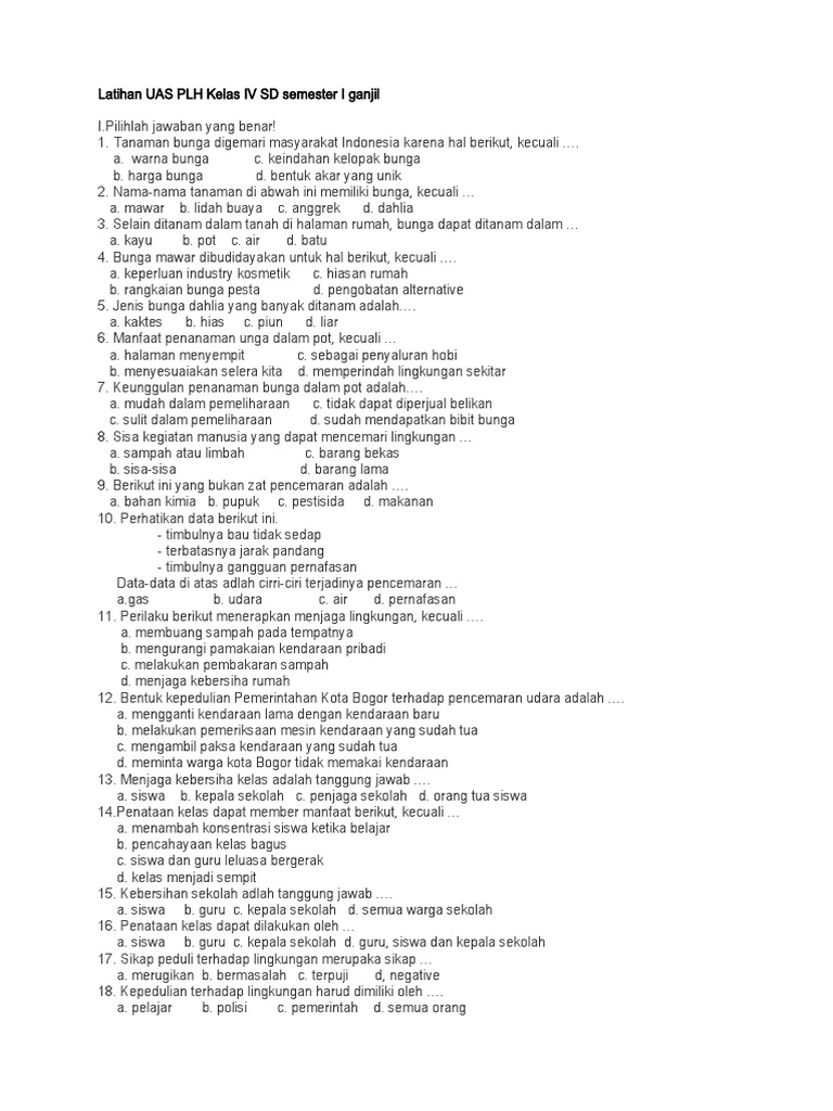 Latihan UAS PLH Kelas IV SD Semester I Ganjil | PDF
