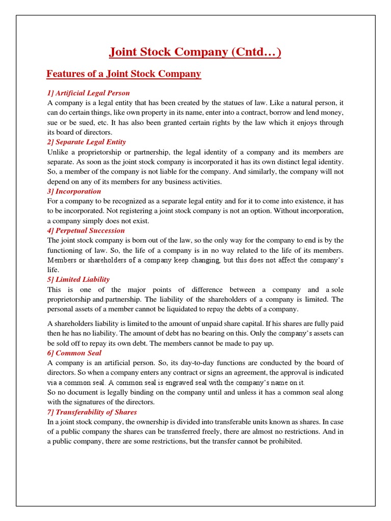 Features and Benefits of Joint Stock Companies | PDF | Joint Stock ...