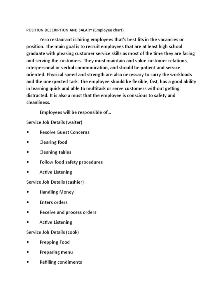 Zero Restaurant Job Descriptions and Salaries | PDF | Employment | Restaurants