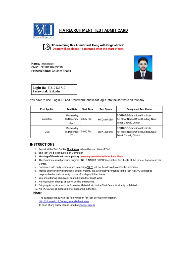 Fia Recruitment Test Admit Card: Please Bring This Admit Card Along ...