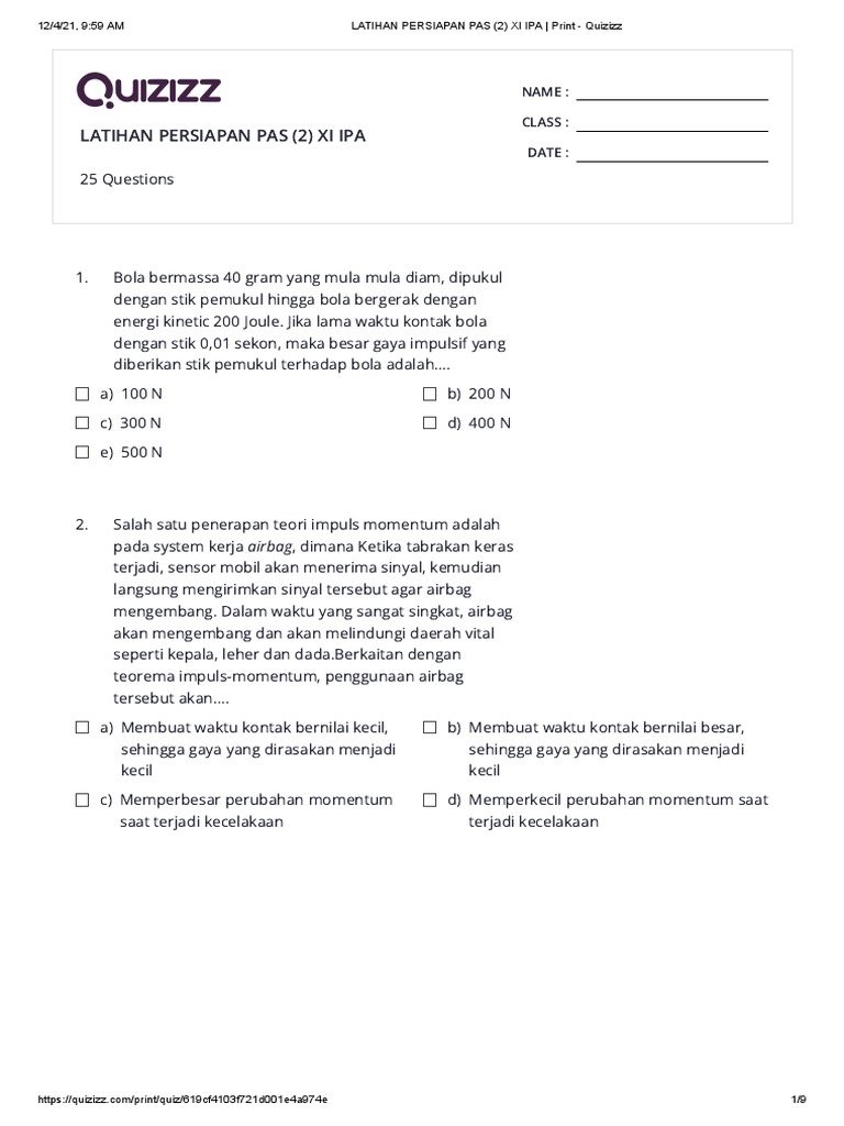 Latihan Persiapan Pas Xi Ipa Quizizz | PDF