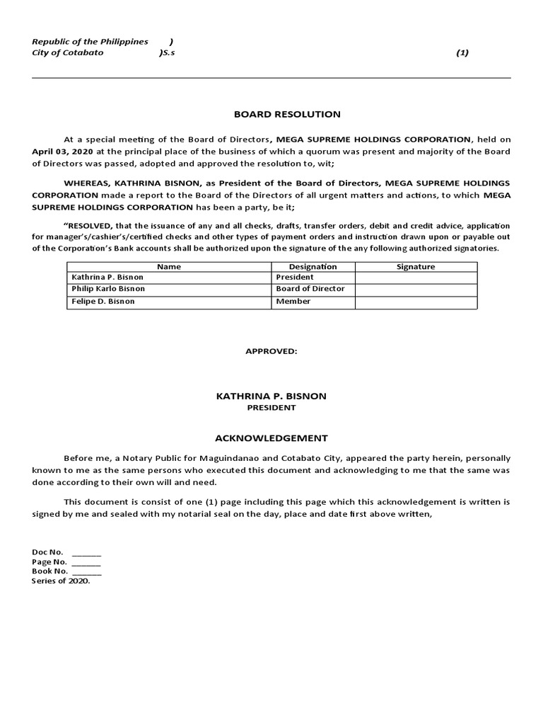 Board Resolution - Bank Signatories | PDF