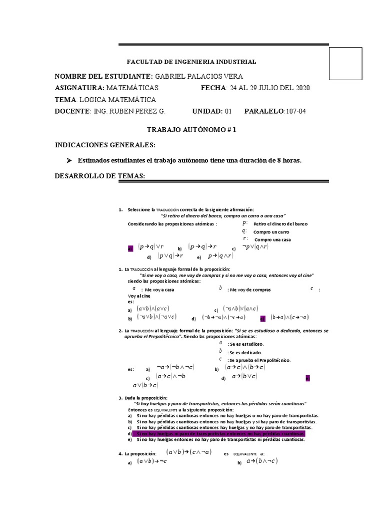 Tarea # 01 Logica Matematica | PDF | Proposición | Verdad