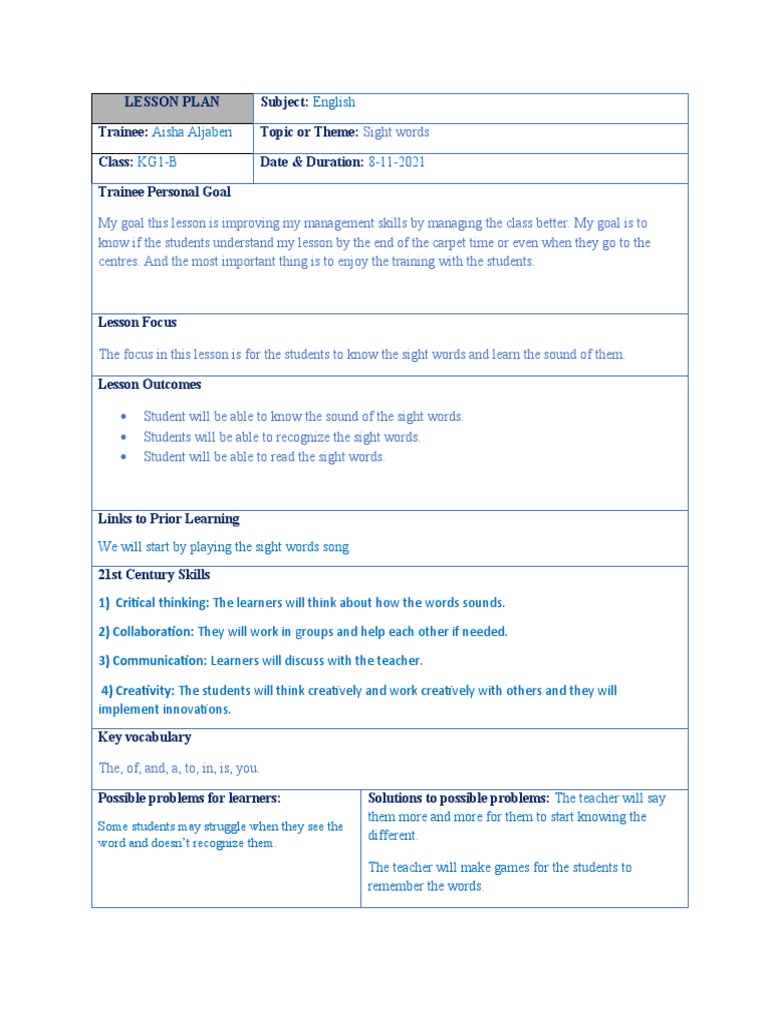 KG1 Sight Words Lesson Plan | PDF | Lesson Plan | Learning