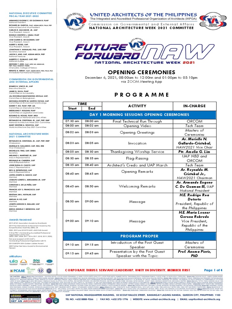 Opening Ceremonies: Time Activity In-Charge Start End | PDF | Manila ...