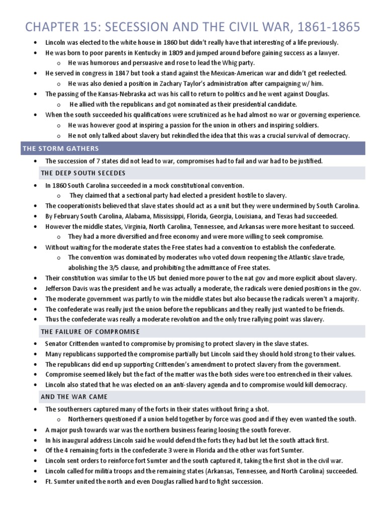 AP US History Chapter 15 Secession and The Civil War | PDF ...