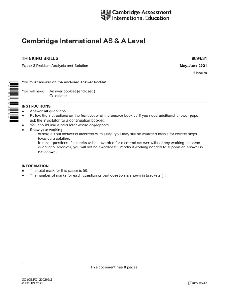 Cambridge International AS & A Level: Thinking Skills 9694/31 | PDF | Hotel
