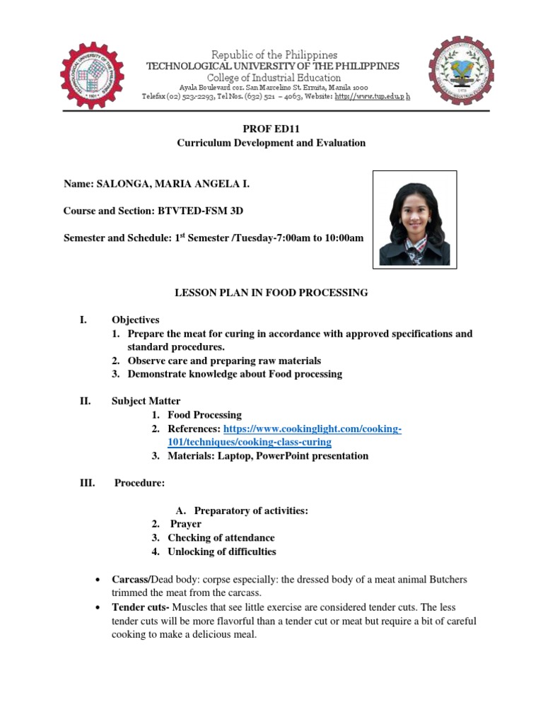Salonga Lesson-Plan Food Processing-Fsm3d | PDF | Meat | Foods