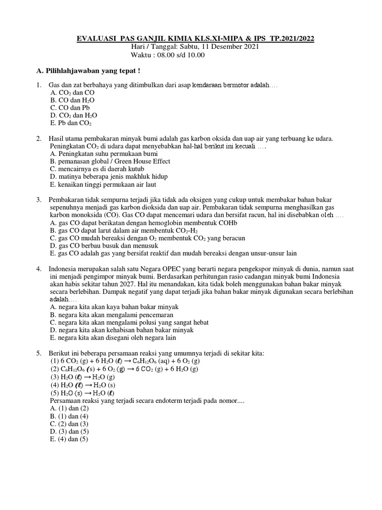 Soal Pas Kimia KLS - Xi (Ganjil TP.2021-2022) | PDF