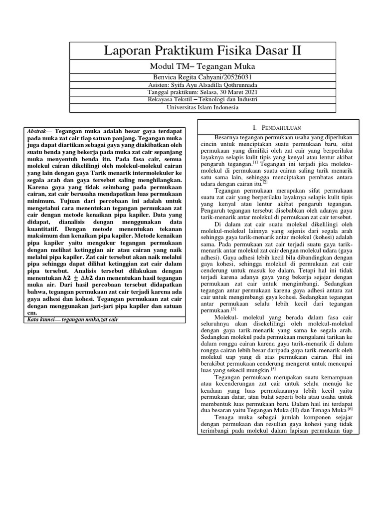 Laporan Praktikum Fisika Dasar II: Modul TM - Tegangan Muka | PDF