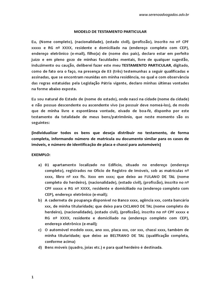 Modelo de Testamento Particular | PDF | Testamento