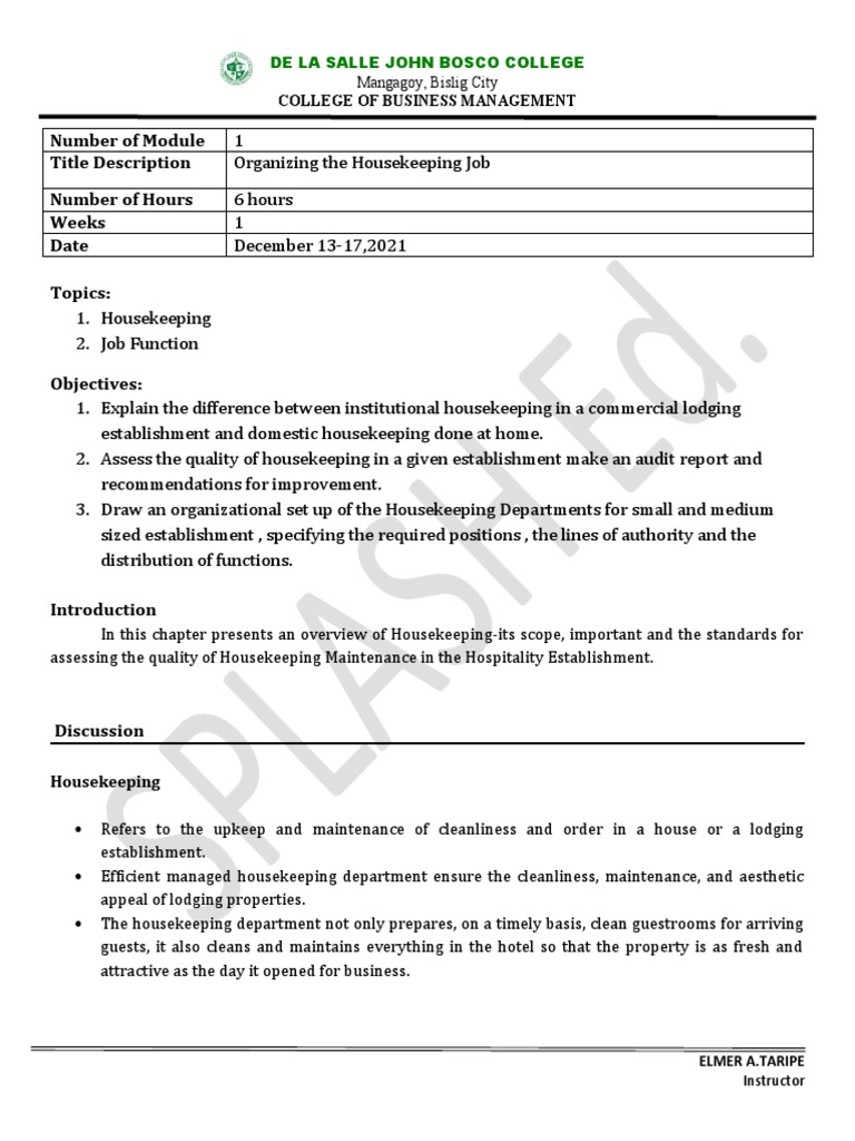 Housekeeping Course Overview at DLSU-Bislig | PDF | Housekeeping | Hotel
