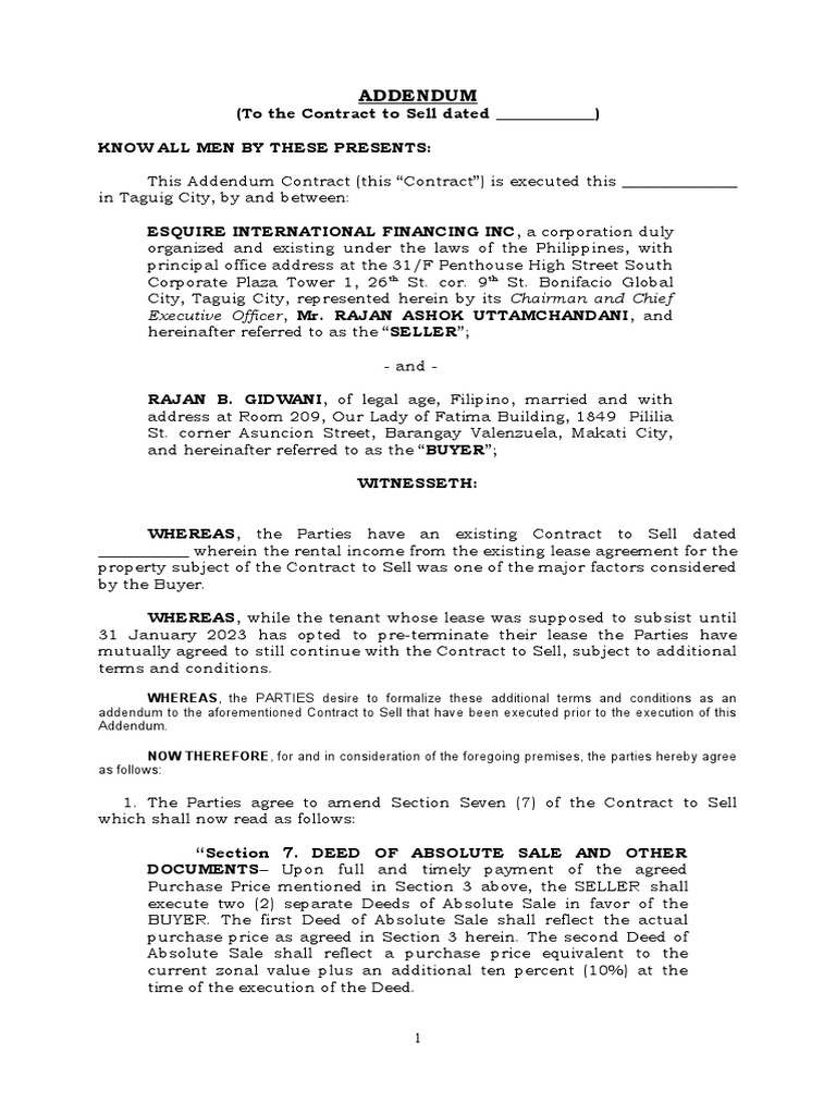 Addendum To Contract To Sell - Gidwani and Esquire v2 | Download Free ...