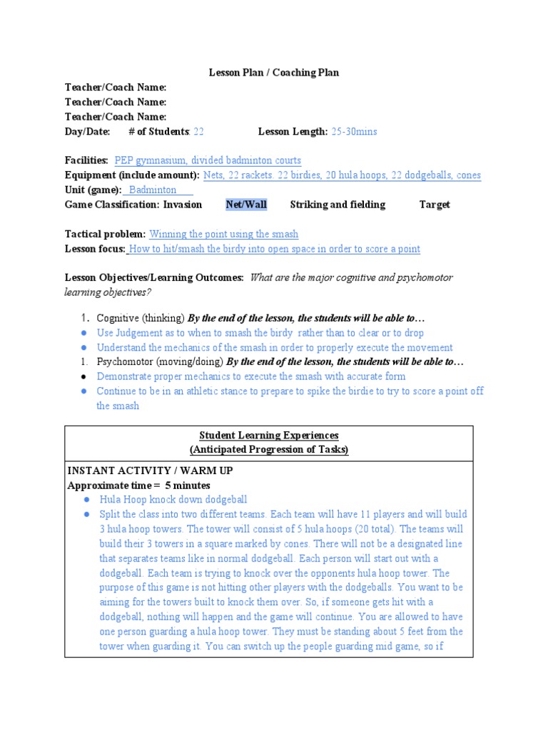 Badminton Lesson Plan: Mastering the Smash | PDF | Neuropsychological ...